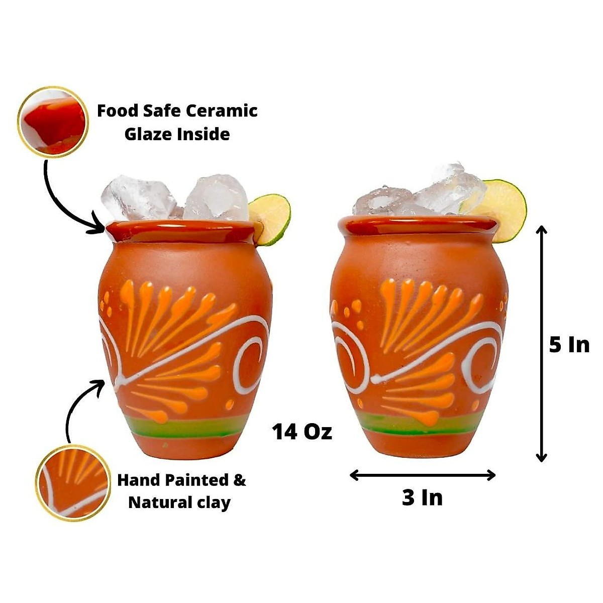 Cantaritos de Barro Mexicanos - Set of 2 Authentic Mexican Glazed Clay Mugs 14 oz - Jarritos de Barro Mexicanos - Clay Cups Tazas de Barro - Vasos de Barro for Drink Tequila (Clay Orange Decor)