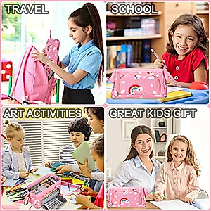Unineovo Large Pencil Case for Girls, Cute Cartoon Rainbow Pink Pencil Pouch Big Capacity Pencil Organizer Bag, Students School Supplies Back to School Kids Gifts Teen Girls Zipper Pen Box