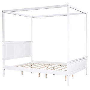 AMFSQJ Queen Size Canopy Bed Frame with Headboard and Footboard, White Canopy Platform Bed with Slat Support Leg