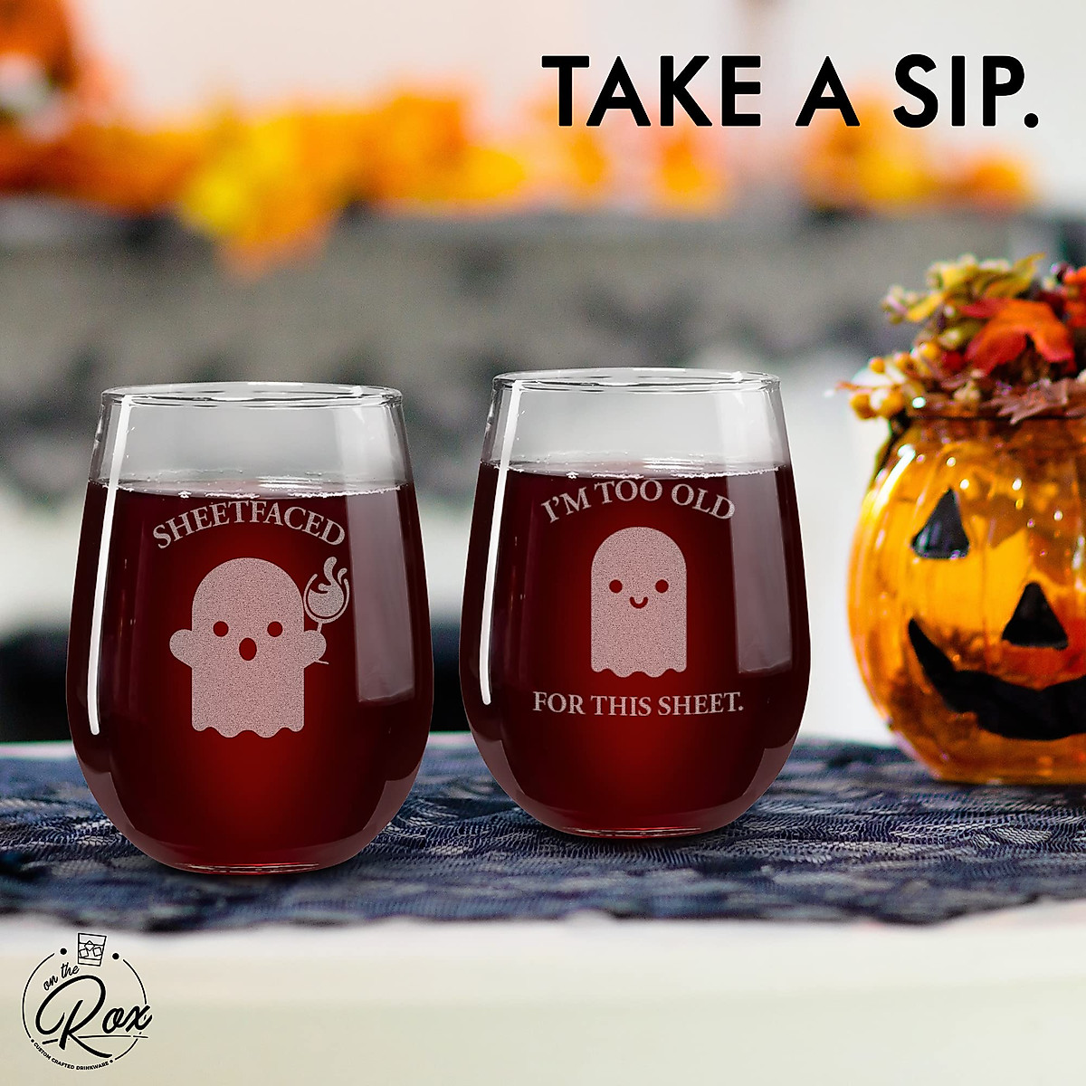 On The Rox Drinks Halloween Wine Glass Gifts for Women - I'm Too Old For This Sheet Sheet Faced 2PC Wine Glass Set - Halloween Cups, Halloween Tumbler, Drinking Glassware - Spooky Ghost Gifts