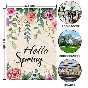 WODISON Hello Spring Garden Flag Floral Small Vertical Banner Double Sided Burlap 12×18 Inch Seasonal Outside Decoration For Outdoor Yard Farmhouse (ONLY FLAG)
