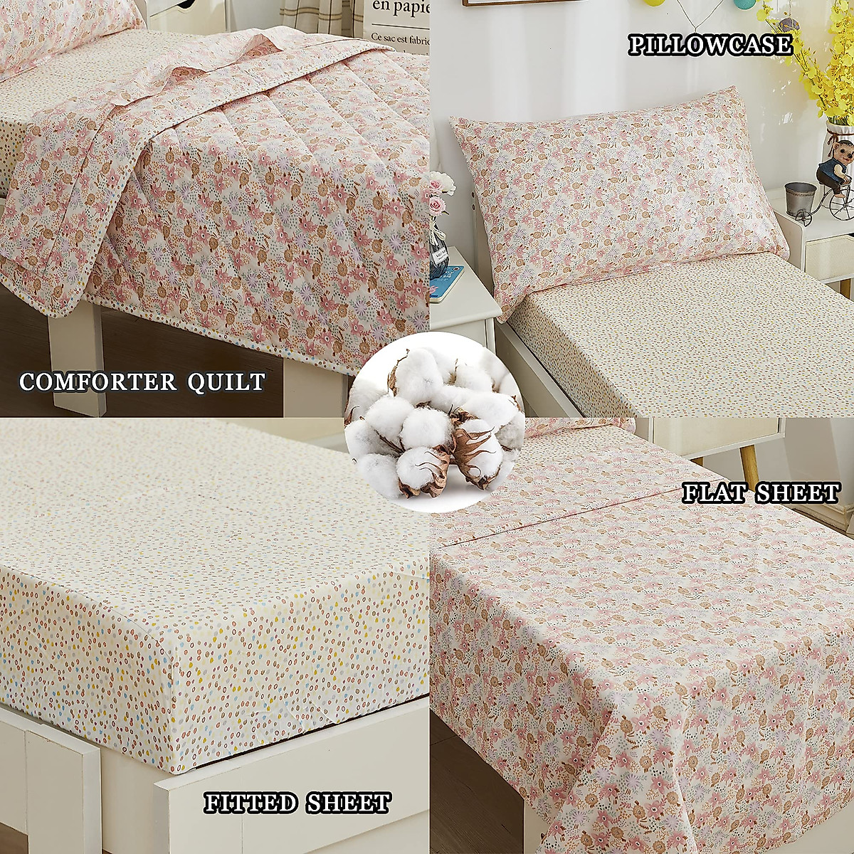 Brandream Vintage Toddler Bedding Set for Girls Pink Floral Comforter Quilt Bedding Bed in A Bag Farmhouse Sheet Set with Pillowcase Adorable Pokla Dot, 4 Piece