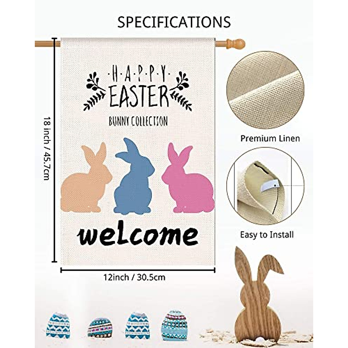 Easter Garden Flag, Double Sided Vertical Burlap Mini Flag for Garden Yard House, Happy Easter Outdoor Bunny Rabbit Welcome Small Flag, Farmhouse Outside Holiday Decorative Decoration, 12x18 Inch