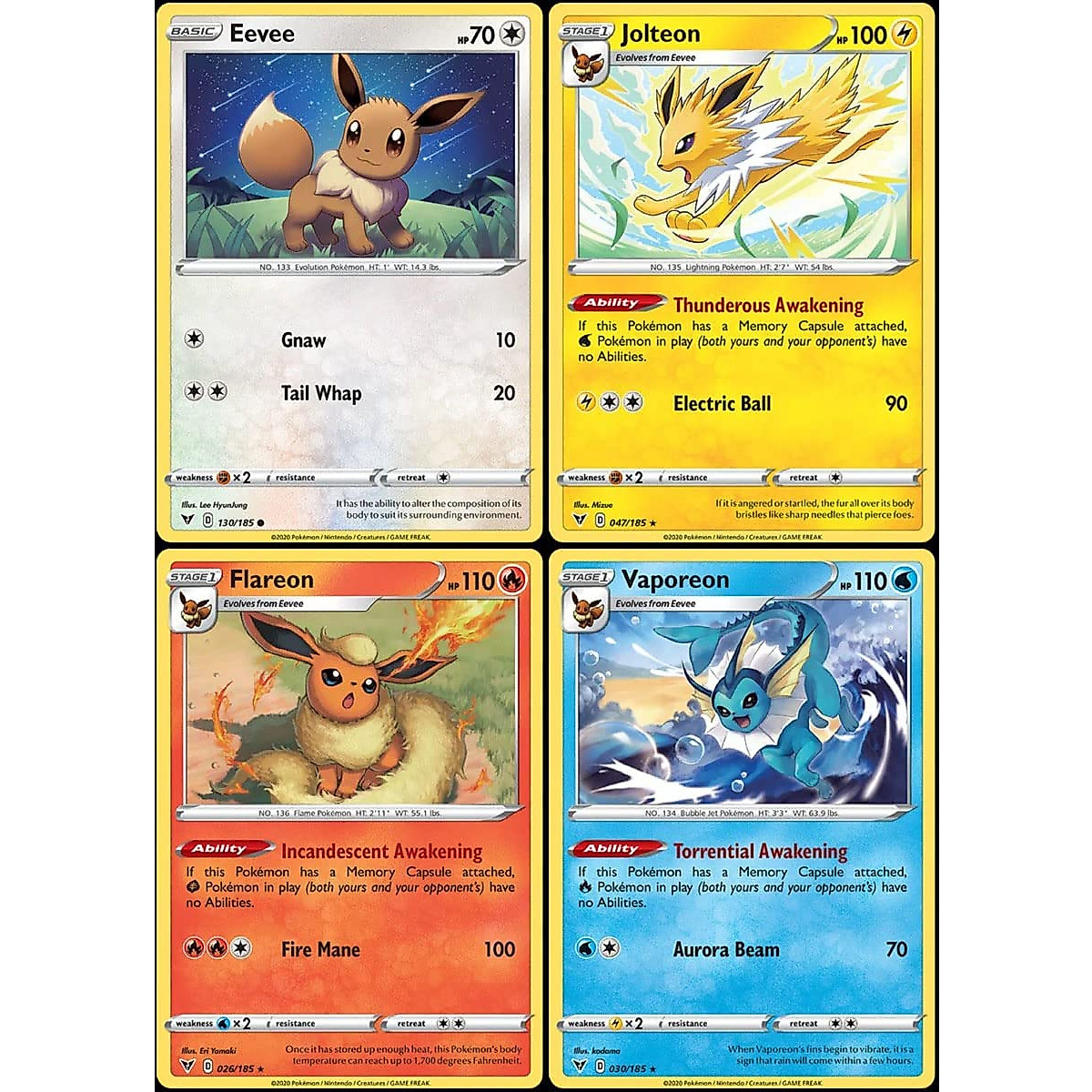 Jolteon Flareon Vaporeon Eevee - Vivid Voltage - Evoltuion Pokemon Card Lot - Rare 4 Card Set - 047/185-026/185-030/185