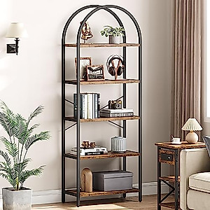 IDEALHOUSE Bookshelf 5 Tier Bookcase Arched Display Racks Tall Standing Bookshelves Metal Frame Rustic Storage Rack Shelf Brown Book Shelf for Bedroom, Living Room, Home Office, Rustic Brown