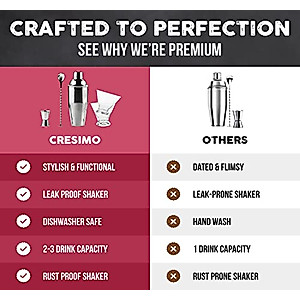 24oz Cocktail Shaker Set Bartender Kit with 2 Stemless Martini Glasses - The Perfect Mixology Home Bar Set Gift - Large Drink Mixer and Bar Accessories: Jigger, Bar Spoon and Martini Glasses - Cresimo