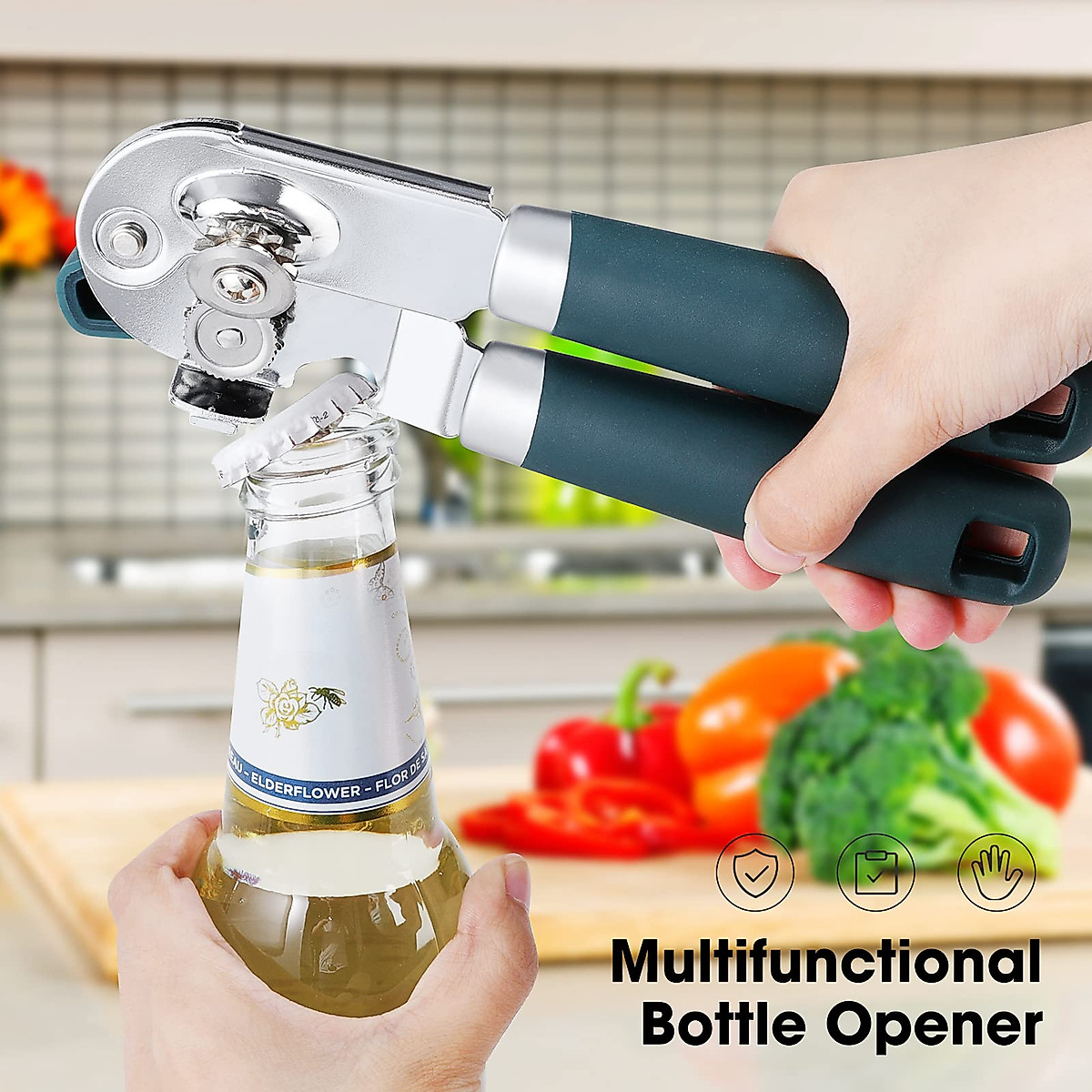 Can Opener Manual, Can Opener with Magnet, Hand Can Opener with Sharp Blade Smooth Edge, Handheld Can Openers with Big Effort-Saving Knob, Can Opener with Multifunctional Bottles Opener