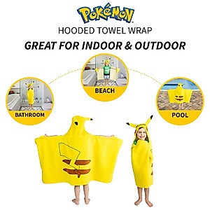 Pokemon Pikachu Bath/Pool/Beach Soft Cotton Terry Hooded Towel Wrap, 24" x 50", By Franco Kids