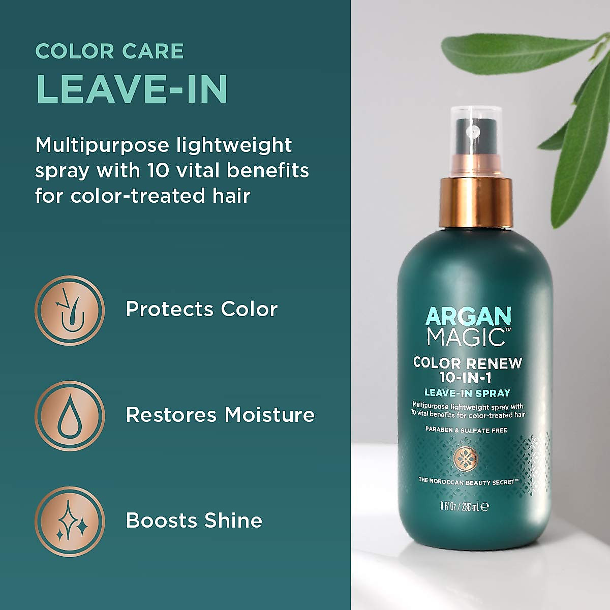Argan Magic Color Renew 10-in-1 Multipurpose Spray & Leave in Conditioner for Color Treated Hair | Hydrates, Enhances Color, Boost Shine | Enriched with Argan Oil | Made in USA, Paraben Free (8 oz)