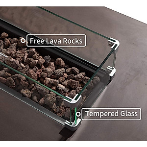 SUNBURY Outdoor Propane Burning Fire Pit, Patio Fire Table 50,000 BTU Fire Pit for Outside w Glass Wind Guard, Waterproof Cover (Rectangle, Dark Brown)