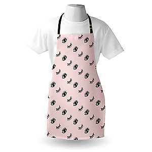 Ambesonne Eyelash Apron, Doodle Style Open and Closed Eyes Hand Drawn Sketch Abstract Design, Unisex Kitchen Bib with Adjustable Neck for Cooking Gardening, Adult Size, White Black