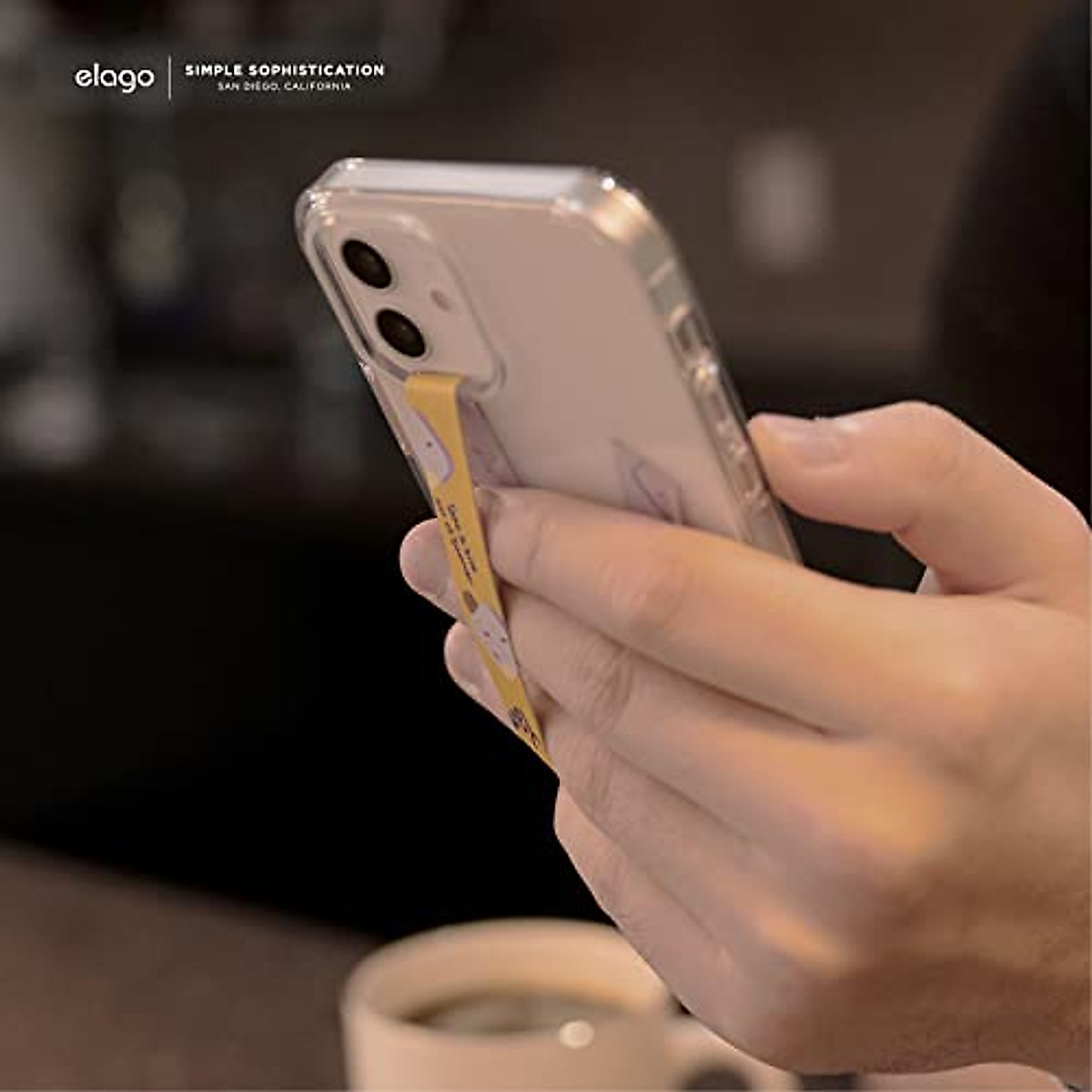 elago Phone Strap with Stickers, Phone Grip, Phone Loop Compatible with All Smartphone Case, Double Sided Design, Stickers Included, Compatible with Magsafe [Yellow Strap & Blueberry Ice Cream]