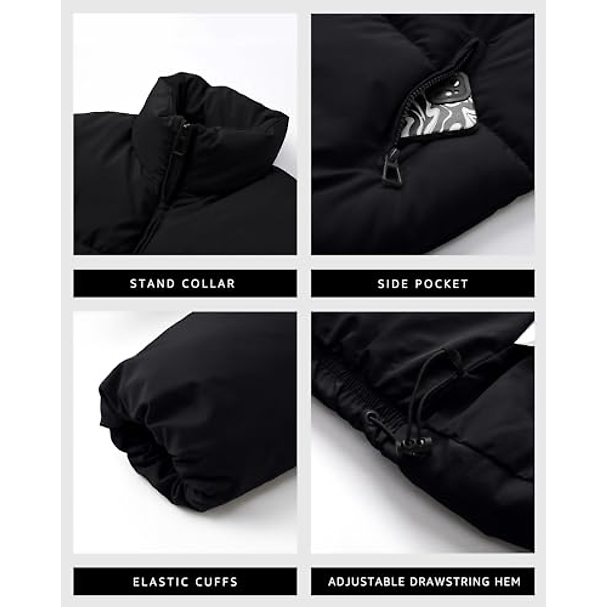 Womens Winter Cropped Puffer Jacket for Long Sleeve Oversize Puffy Coat Short Warm Quilted Jacket Black M