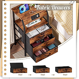 Furnulem Night Stand with Charging Station, Small Bedside Table with Wood Shelf, End Table with USB Ports & Outlets, 3 Fabric Drawers Side Table for Bedroom, Closet, 3 Ways to Use, Rustic Brown