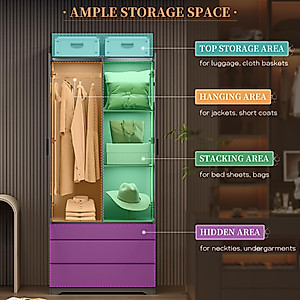 Vlsrka LED Armoire Wardrobe Closet Cabinet with 3 Drawers, 2 Doors Bedroom Storage Wardrobe with Lights, Adjustable Shelves, Hanging Rod, Modern Design, Grey - 70"