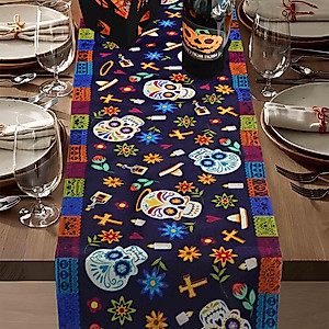 Dia De Los Muertos Table Runner | Day of The Dead Decoration | 13x72 Inch | Burlap Mexico Outdoor Indoor Decor for Mexican Fiesta Party Kitchen Dinning Room Home