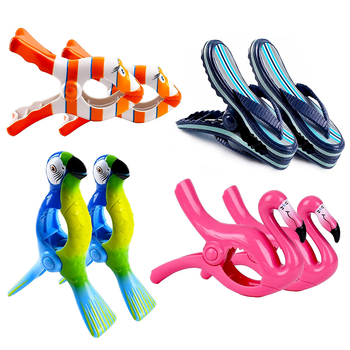 8 Pack Clips for Beach Chairs-Durable and Big Towel Clips, Peg Clips with Colorful Parrot and Pink Flamingo Shape, Creative Beach Towel Clip for Family Use, Portable During Travel.