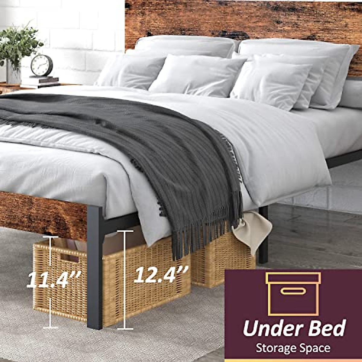 Bilily Queen Bed Frame with Wooden Headboard and Footboard, Metal Platform Bed Frame with Strong Steel Slat Support, Mattress Foundation/No Box Spring Needed/Non-Slip/Noise Free