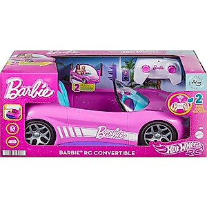 Barbie Hot Wheels RC Toy Car, Remote-Control Pink Convertible, Can Hold 2 Fashion Dolls & Trunk Opens for Storage, Sticker Sheet for Customizing