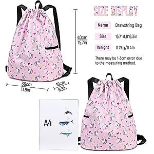 Ryushoyo Unicorn Gym Drawstring Backpack, Sports Gym Bag for Girls Kids Waterproof Swimming Beach Sackpack Birthday Christmas Gift with Water Bottle Pocket Pink
