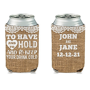 VictoryStore Can and Beverage Coolers: Custom Rustic Burlap To Have And To Hold Wedding Can Coolers (150)