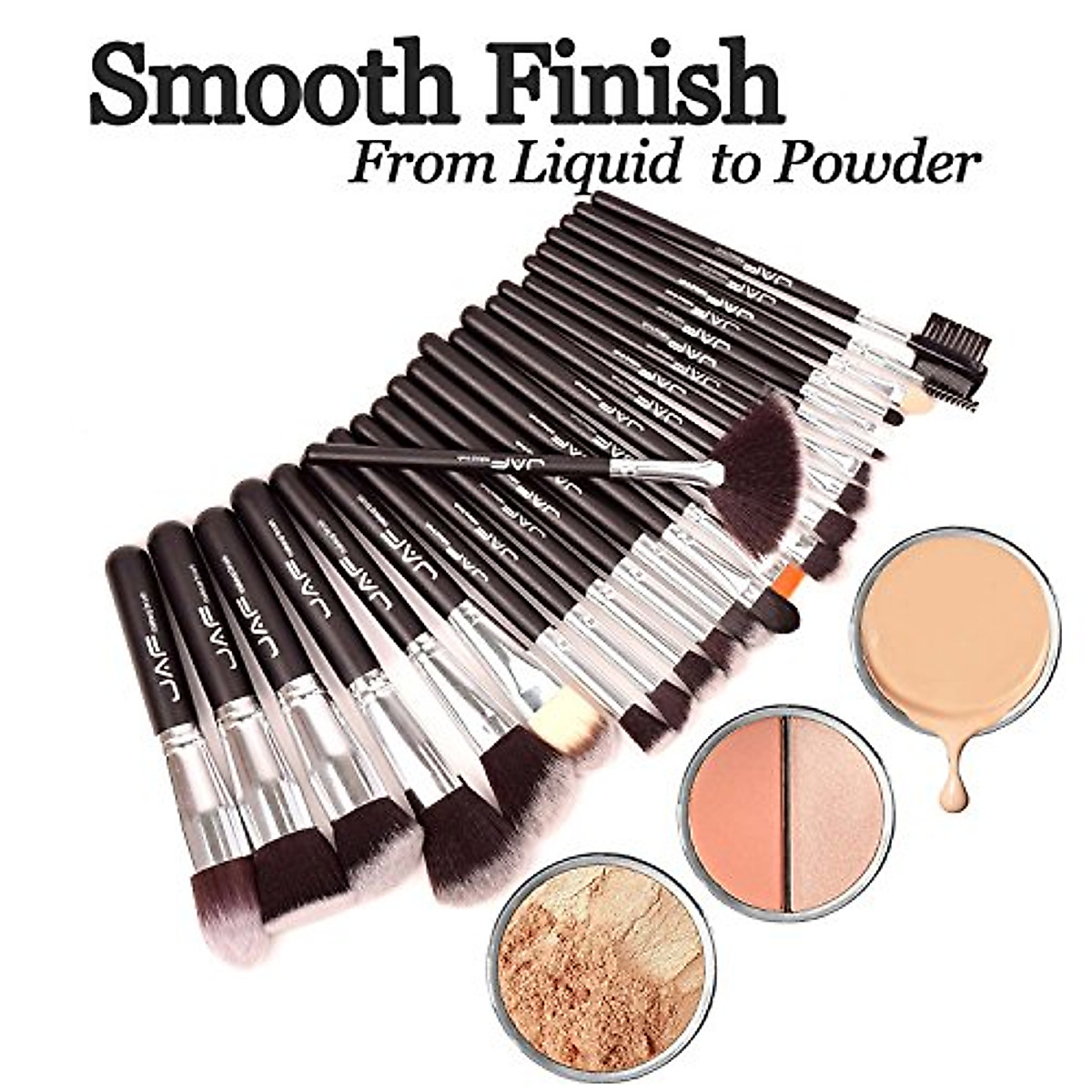 JAF 24pcs Professional Black Makeup Brushes Set with Case Vegan Synthetic Make Up Brushes Set in Gold Bag Holder Cosmetic Big Makeup Brushes & Tools Kit for Face Contour Foundation - J2404YC-B