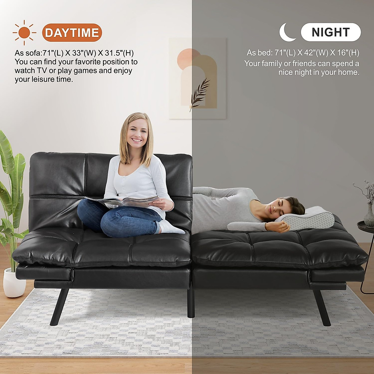 MUUEGM Futon Sofa Bed，Memory Foam Futon Convertible Couch Bed, Sofa Bed Couch,Modern Loveseat Sofa,Sleeper Couch for Small Space，Apartment, Living Room,Adjustable Backrests Armrests,Black