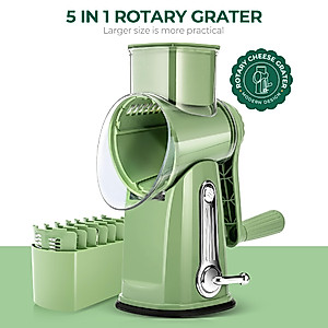 SUSTEAS Rotary Cheese Grater with Handle - Vegetable Shredder with 5 Well-designed Blades & Strong Suction Base,Round Mandoline Slicer & Food Chopper for Kitchen,with Blade Storage Box(Retro Green)