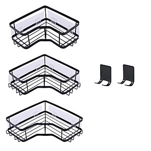 Corner Shower Caddy Organizer Set, Pack of 3 Adhesive Rustproof Stainless Steel Shower Racks with 2 Wall Hooks, Bathroom & Kitchen, Black