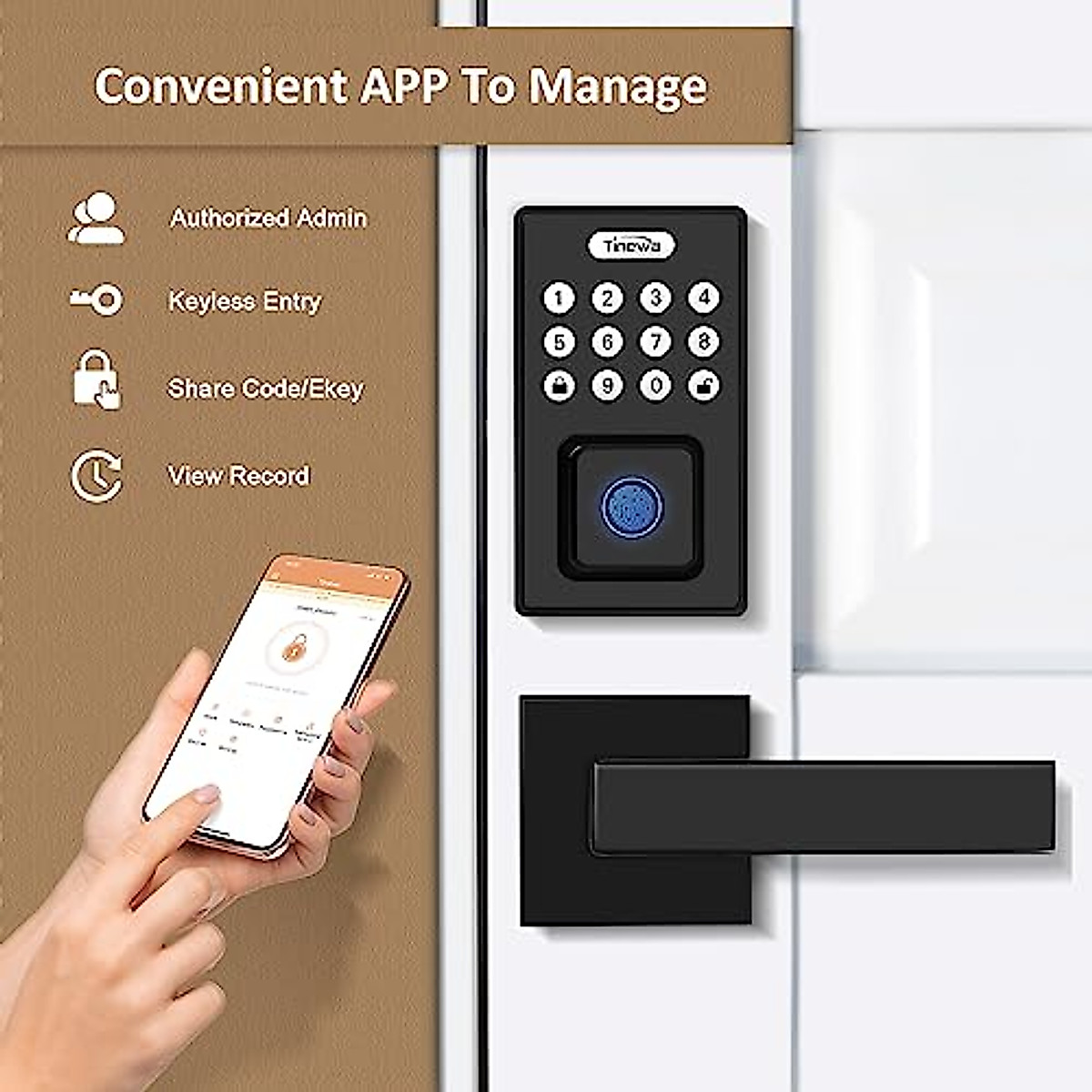 Tinewa Keyless Entry Door Lock with 2 Lever Handles, Fingerprint Entry Door Handleset, Electronic Digital Keypad Deadbolt with App, Auto Lock & One Touch Locking, Front Smart Door Handle Sets, Black
