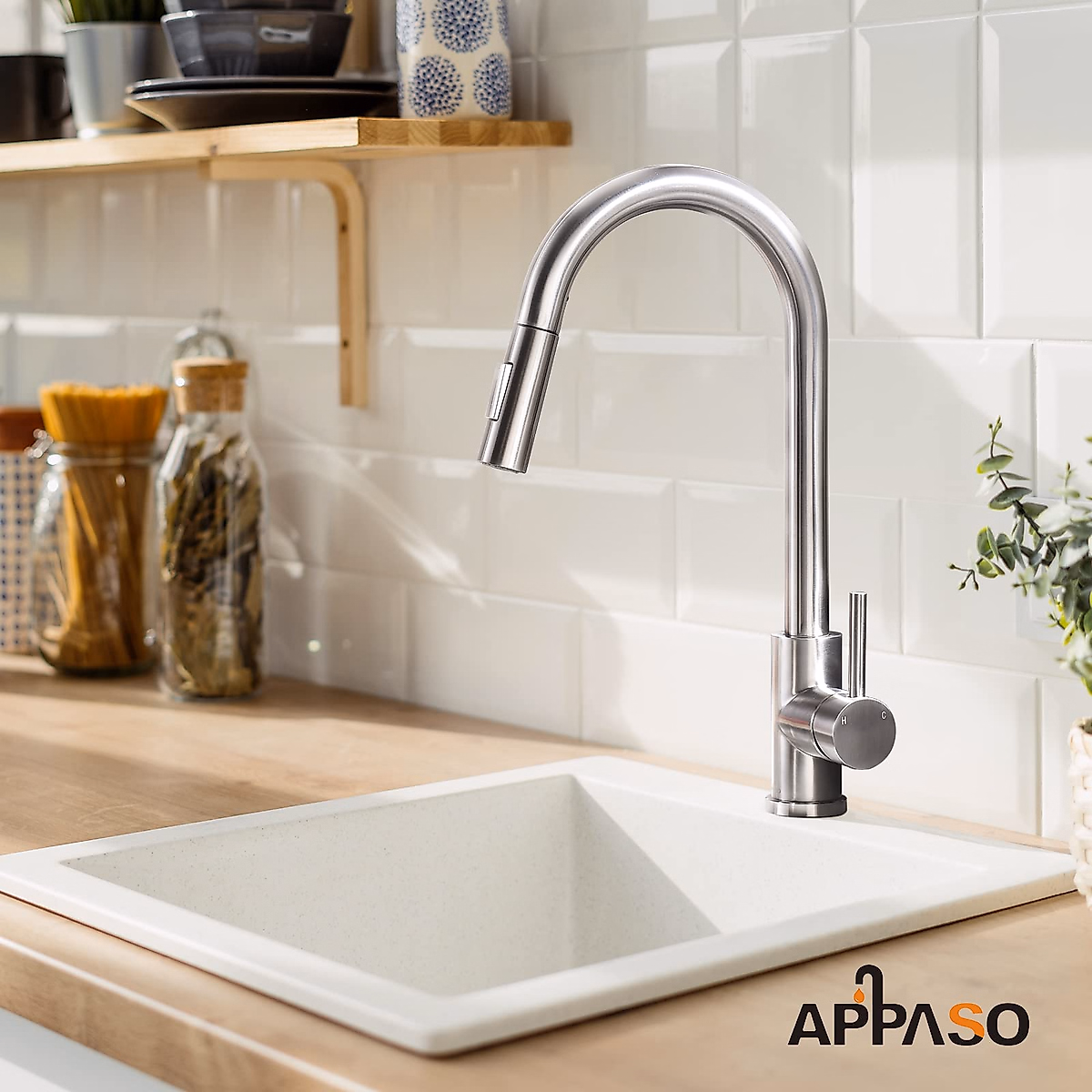 Kitchen Faucet with Soap Dispenser, APPASO Kitchen Faucet with Pull Down Sprayer, Brushed Nickel Kitchen Sink Faucets with Sprayer, Modern Kitchen Faucet for RV Bar Sink, Durable Stainless Steel