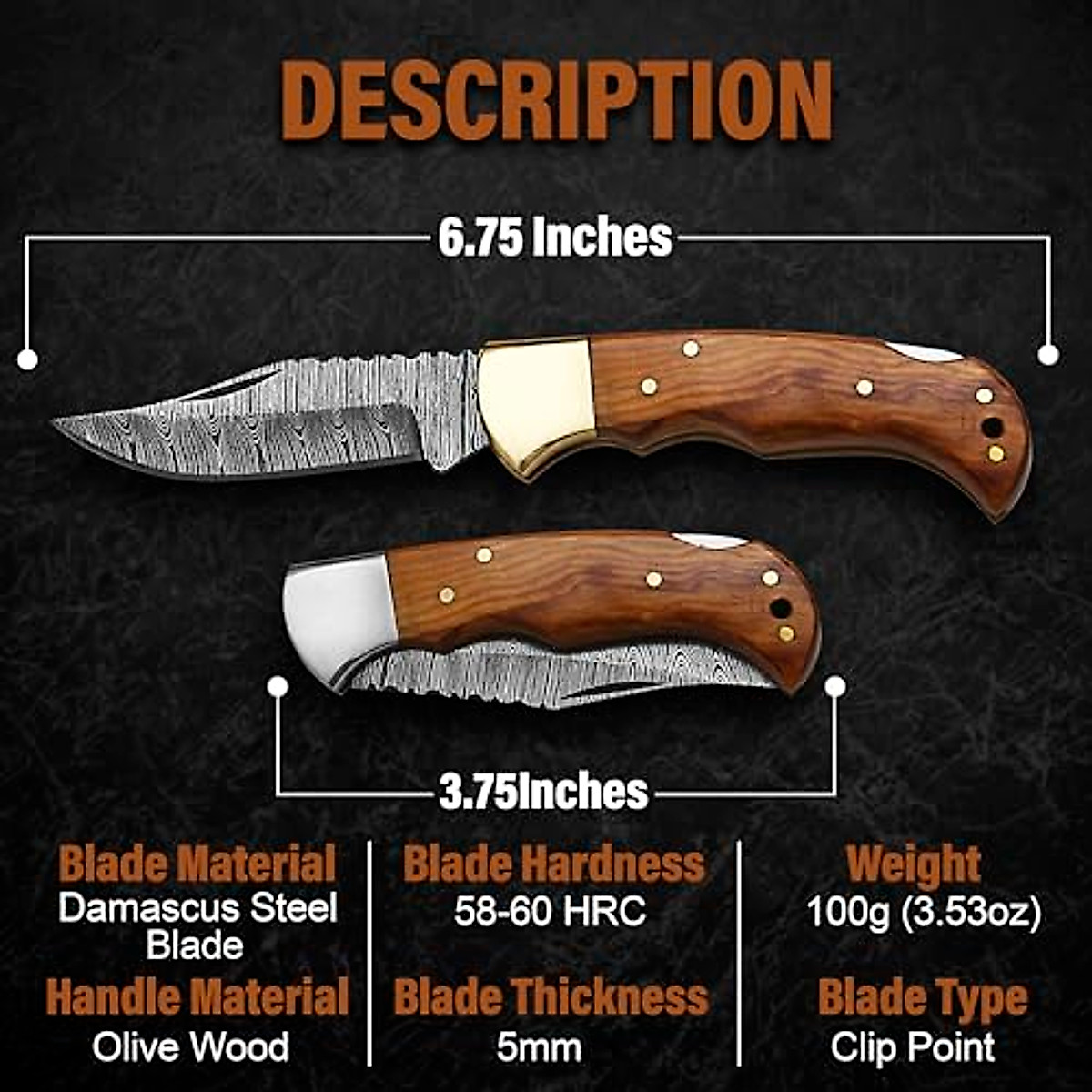 Huntex Smith Pocket Knife for men,6.75 Inch Hunting Knife with Leather Sheath Damascus Pocket knives best for Outdoor & Indoor,Camping, Hiking,Survival and Skinning(Olive-Wood)