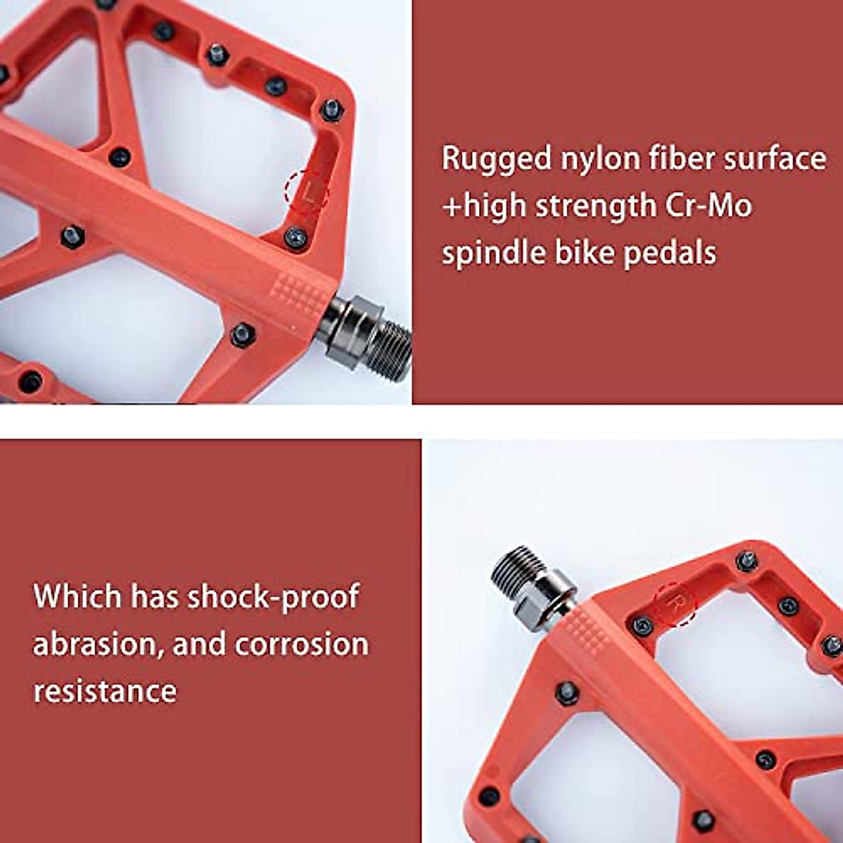 Lohca Mountain Bike Pedals Flat MTB Bike Pedals Nylon Non-Slip Bearing 9/16" Bicycle Road Bike Pedals Lightweight Wide Platform for BMX Staionary, Red