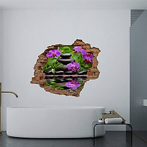 Purple Orchid in Garden 3D Hole in Wall Wall Sticker Decal Vinyl 3D Vinyl Peel And Stick Removable Home Flower Wall Stickers Mural Smashed Wall Art Removable Poster Vinyl decals For Bedroom,32'' pn430