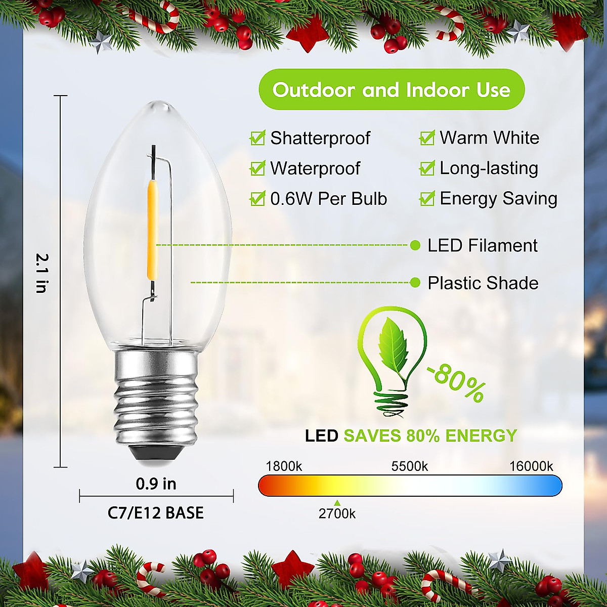 8 Pack C7 LED Night Light Bulbs, C7 E12 Candelabra Christmas Replacement Bulbs, Salt Lamps Window Candles Chandeliers Replacement Bulbs,0.6W Equivalent 4W 5W 6W 7W Incandescent Bulbs, Warm White