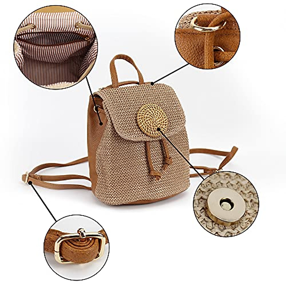 Felice Ann Women Small Straw Woven Backpack Daypack Cross-body Shoulder Bag