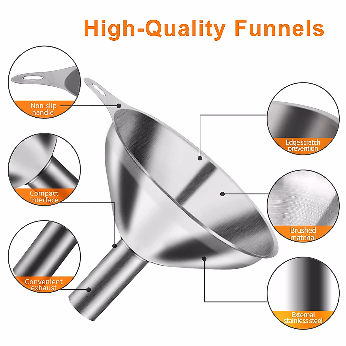 6 Pcs Stainless Steel Mini Funnels for Kitchen use. Large Tiny Small Funnel Set of 3, Metal Cooking Powder Food Grade Flask Funnels for Filling Bottles Liquor Water Spice, 2Pcs Cleaning Brushes VOPTON