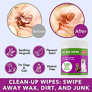 180 Count Dog Ear Cleaner Wipes ,Dog Ear Wipes ,Gently Remove Ear Wax, Debris ,Soothes & Relieves Ear Itching, Fresh Mugwort Scent, All Natural Ingredients,Safe & Gentle Ear Wipes for Dogs & Cats