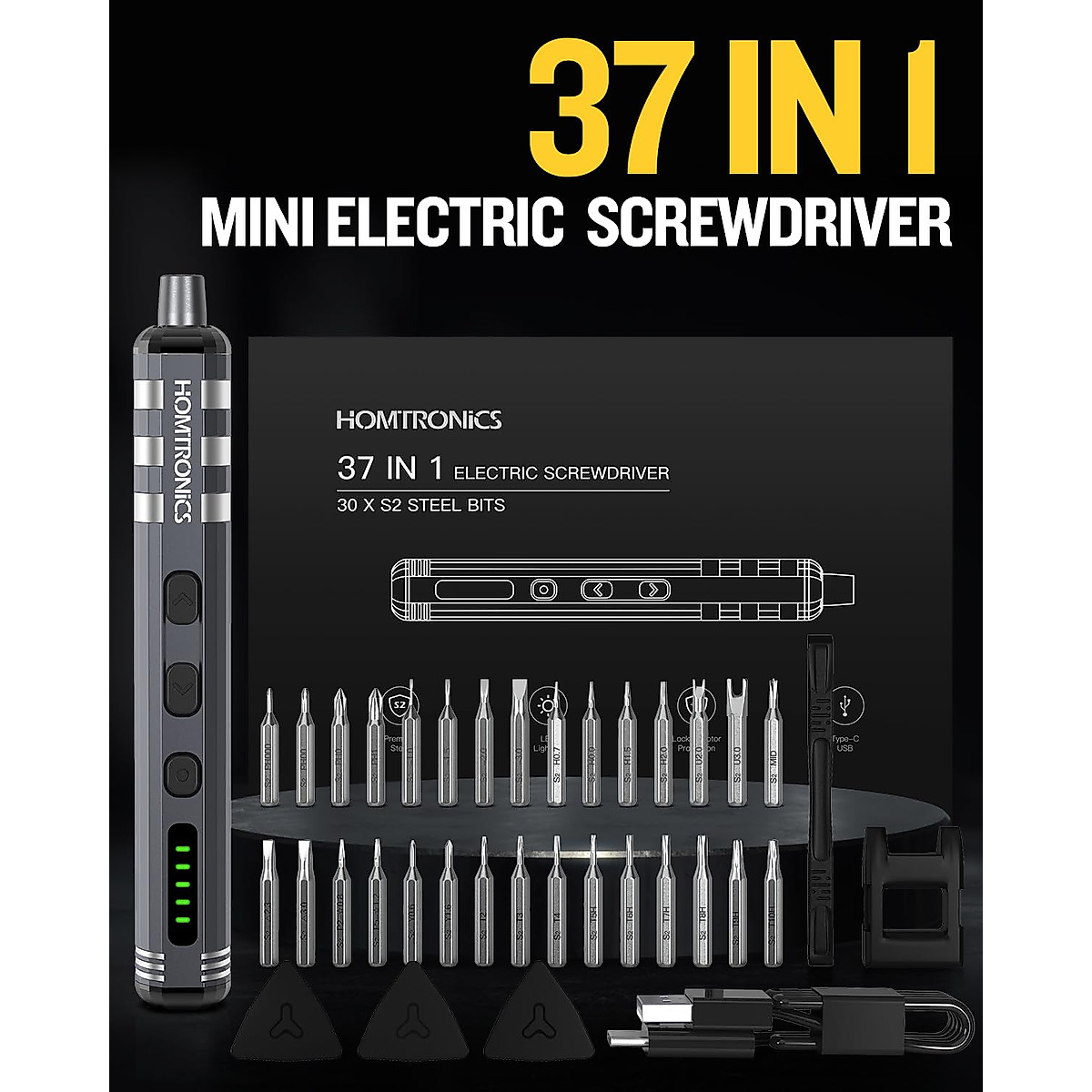 Homtronic Mini Electric Screwdriver Set, 37 in 1 Small Electric Screwdriver Kit Supporting Overload Protection, Precision Electric Screwdriver Cordless Repair Tool for Phone Camera Laptop Watch
