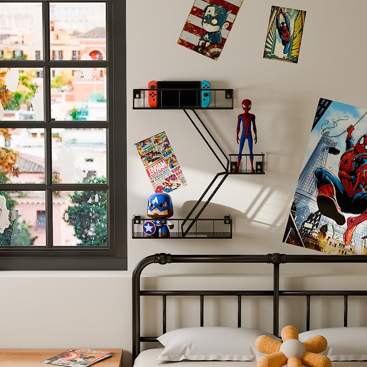 ENPKLUTE 3-Tier Fire Escape Wall Shelf, Easy to Install Ladder Shelf for Figures, Modern City Style Fire Escape Shelf, New York Metal Decorative Shelves for Bedroom, Living Room & Home Decor, Black