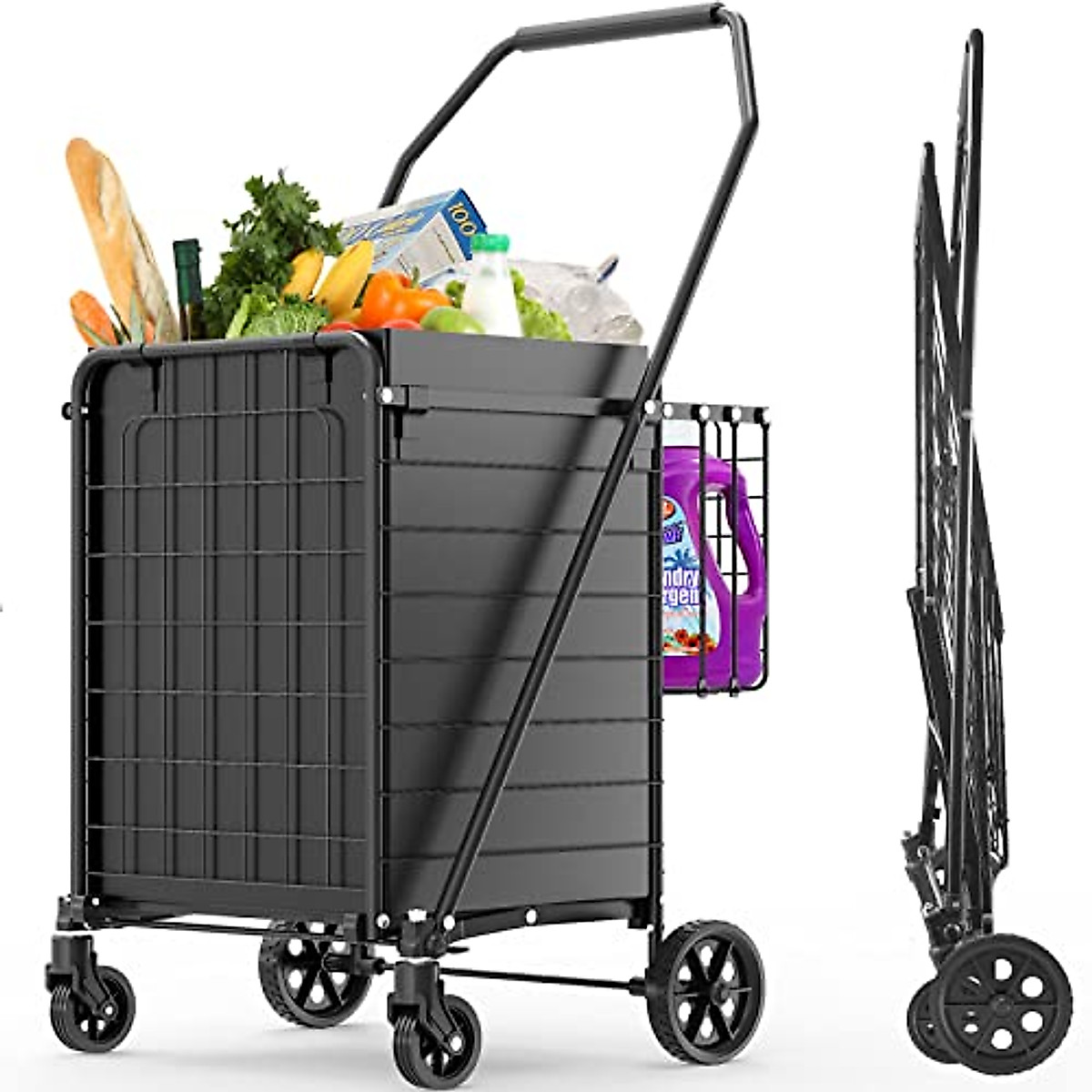 [2023 Upgrade] Shopping Cart with 360°Swivel Wheels,Waterproof Liner, Double Basket,Portable Foldable Grocery Cart, Folding Utility Shopping Carts for Seniors,Groceries,Laundry,Transport