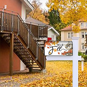 Fall Cat Mailbox Cover 21x18 Inch, Hello Fall Post Letter Box Covers, Autumn Harvest Thanksgiving Magnetic Waterproof Mail Wraps for Outdoor Yard Garden Standard Mailbox Decor
