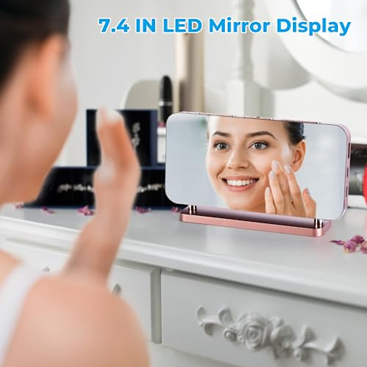 Poeroa RGB Alarm Clock,7.4” LED Mirror Digital Clocks Large Display,with Night Light,USB C Charger Port,Auto Dimmer,Modern Desk Clock for Bedroom Home Office Decor - Rose Gold