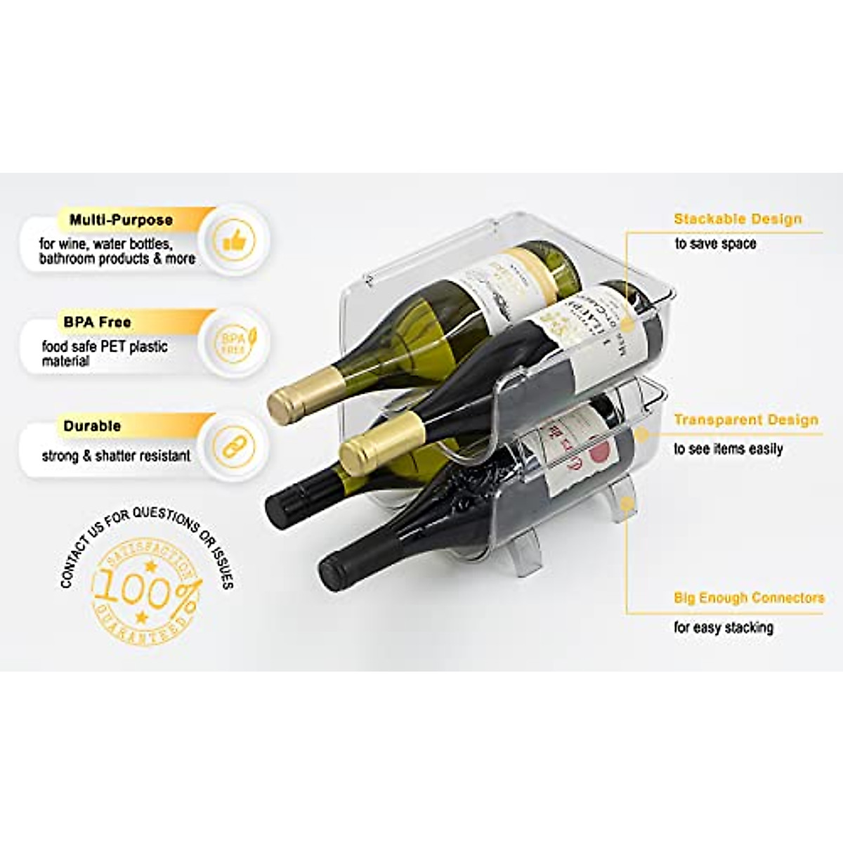 smartified Fridge Wine & Water Bottle Holder Stand - Multipurpose Stackable Storage Organizer for Refrigerator Cabinet Kitchen Countertops Pantry Wine Cellar, Clear Plastic, 2 Packs of 2-Bottle Rack