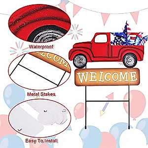Whaline 4th of July Metal Yard Stakes Patriotic Yard Sign Spring Welcome Garden Stake Interchangeable Red Truck Garden Decor Set with Seasonal Sign Loads for Spring Fall Halloween Christmas, Set of 9