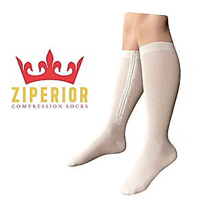 Ziperior Closed Toe 15-20 mmHg Compression White Navy Gray Inside Zipper Socks (White, 2X-Large)