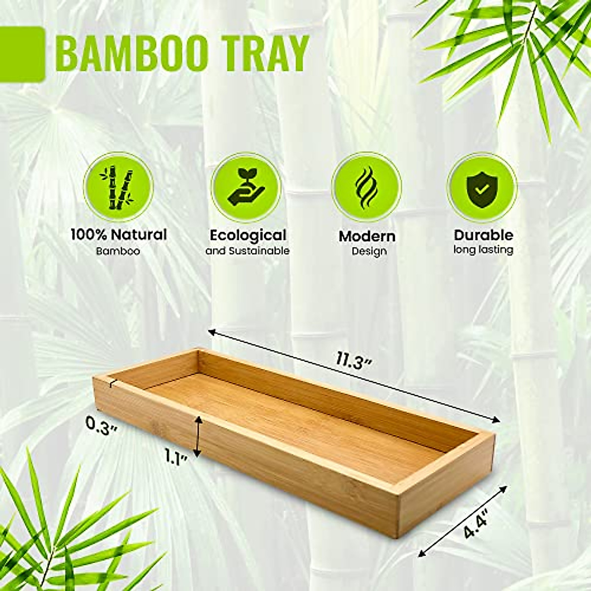 Bamboo Tray - Natural Bamboo - 11.3 X 4.4 X 1.1 in - Vanity Tray for Bathroom - Ecological and Sustainable