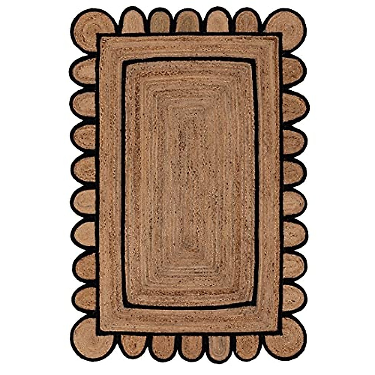 ROYAL ARTS & CRAFTS 2x3,3x5,4x6,5x7,6x9,8x10,9x12 Black Color Scalloped Design Jute Rug Kitchen Rug/ Patio Rug/ Hallway Rug/ Entryway Rug/ Outdoor Rug (3x4 Ft Area Rug)