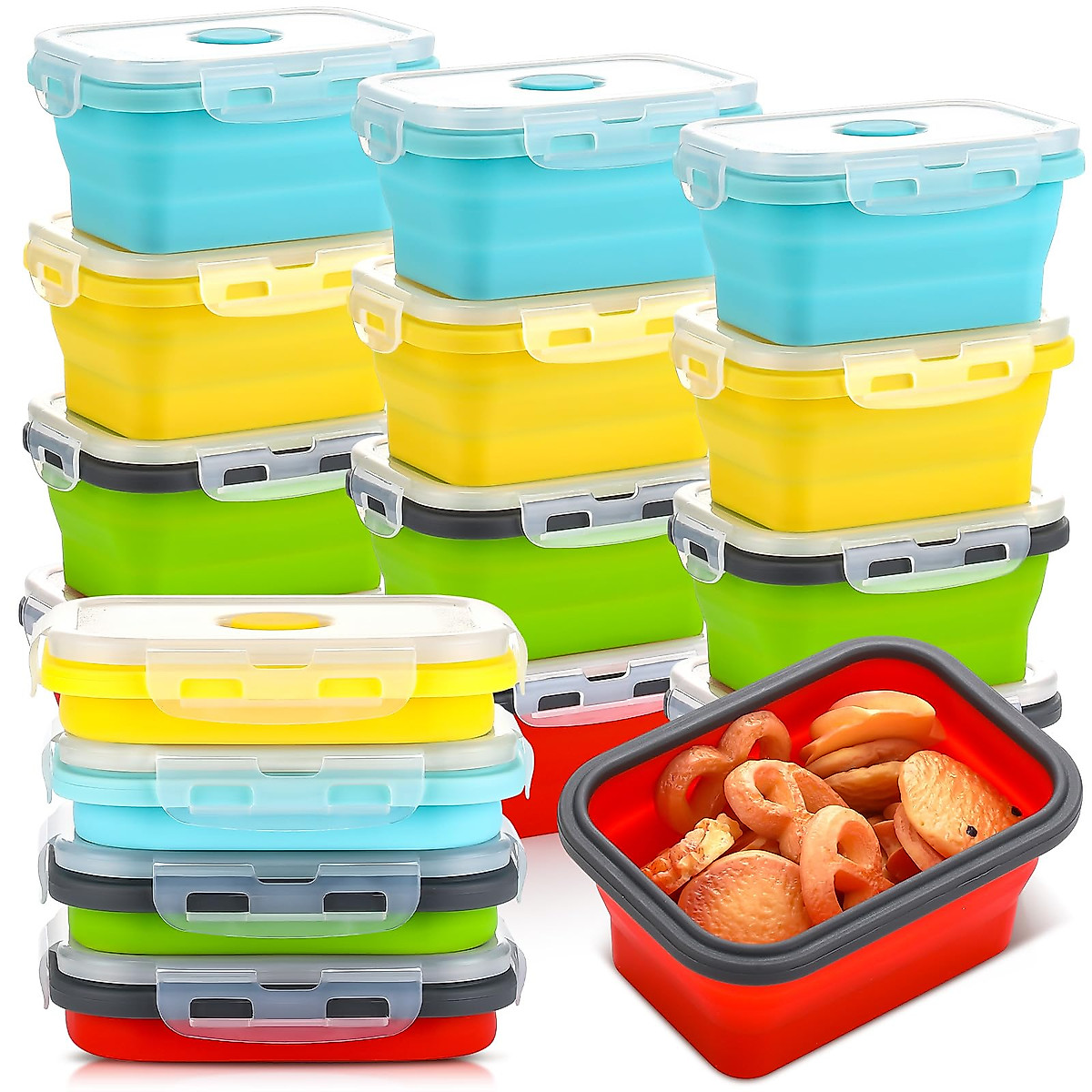 Bokon 16 Silicone Collapsible Food Storage Containers 11.8 oz Reusable Collapsible Bowls with Lids Vent Foldable Food Container Sets Meal Prep Container Silicone Lunch Box, Microwave Dishwasher Safe