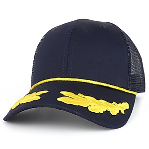 Armycrew Captain Oak Leaf Embroidered Trucker Mesh Cap with Yellow Rope - Navy Navy